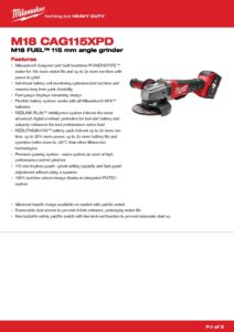 Download Data Sheet – M18 CAG115XPD Angle Grinder | Macroom Tool Hire Sales